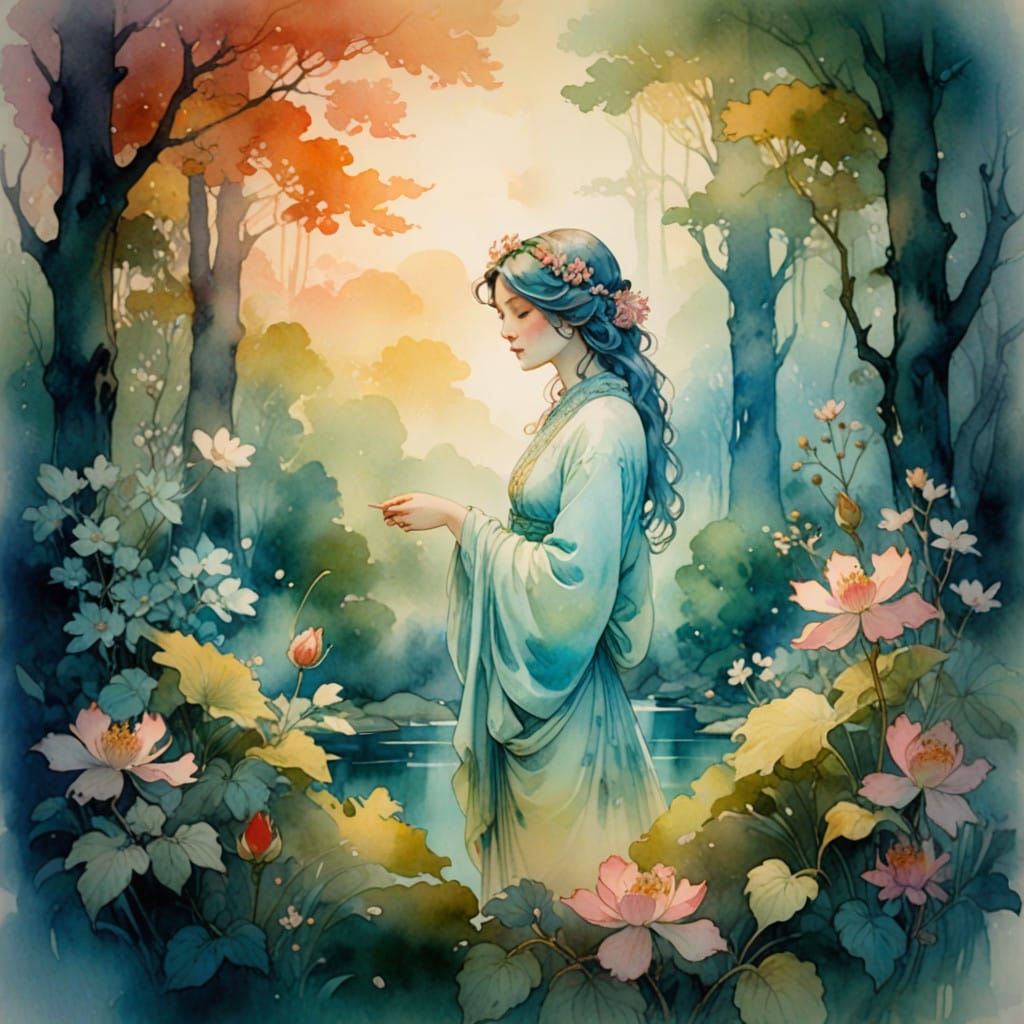 lora:Ethereal Watercolor:1.0 wet ink on silk Sakura pond ink wash full ...