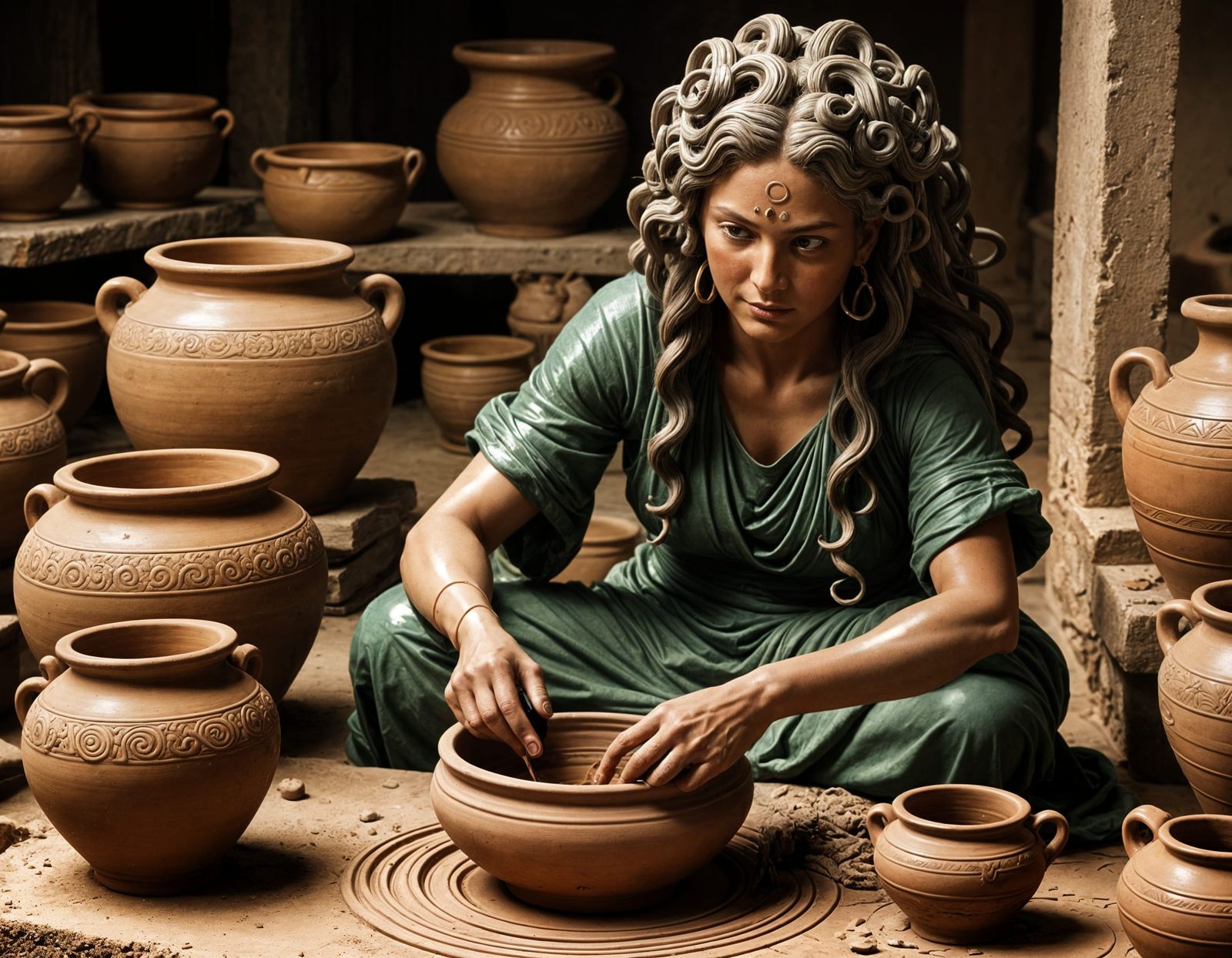 Mythological Character Medusa doing clay Pottery by making earthen pots