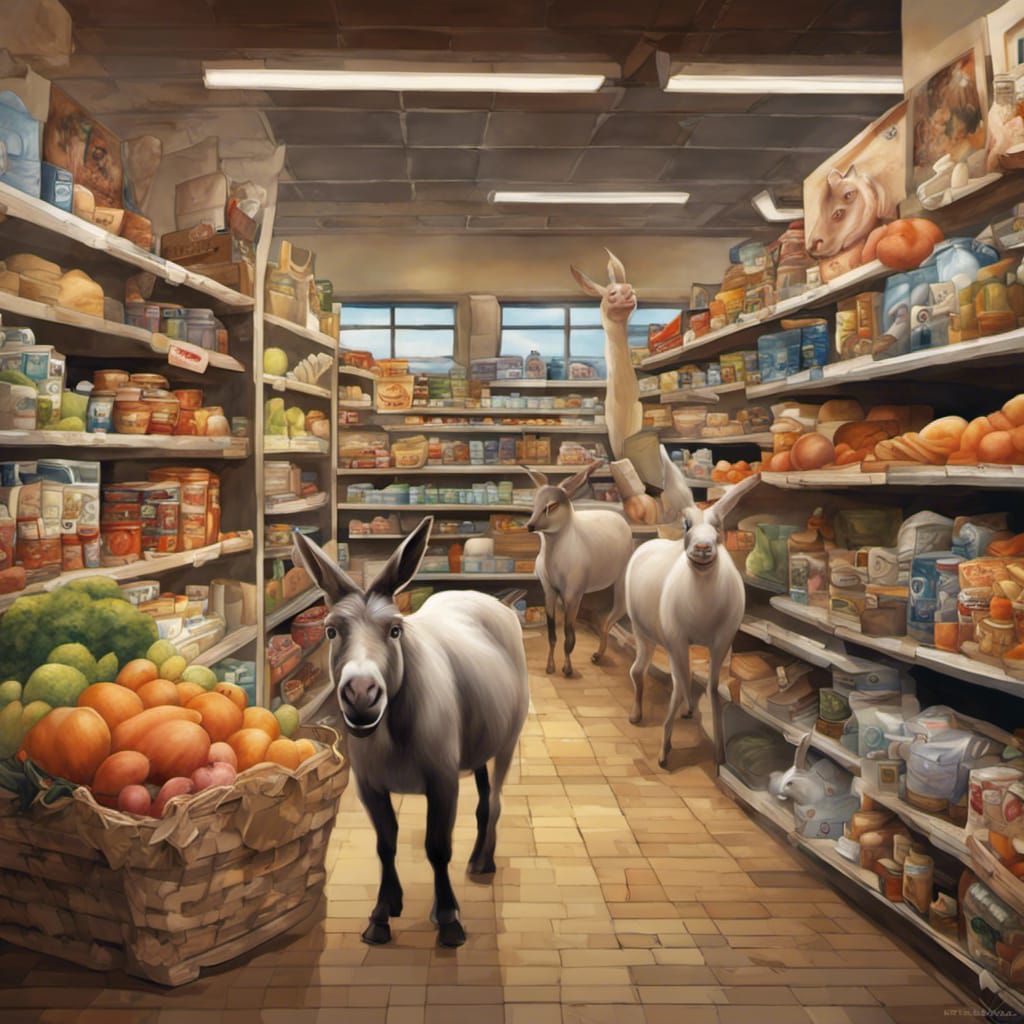 Photorealistic donkey, goose, rabbit, pig, and goat shop in a grocery ...