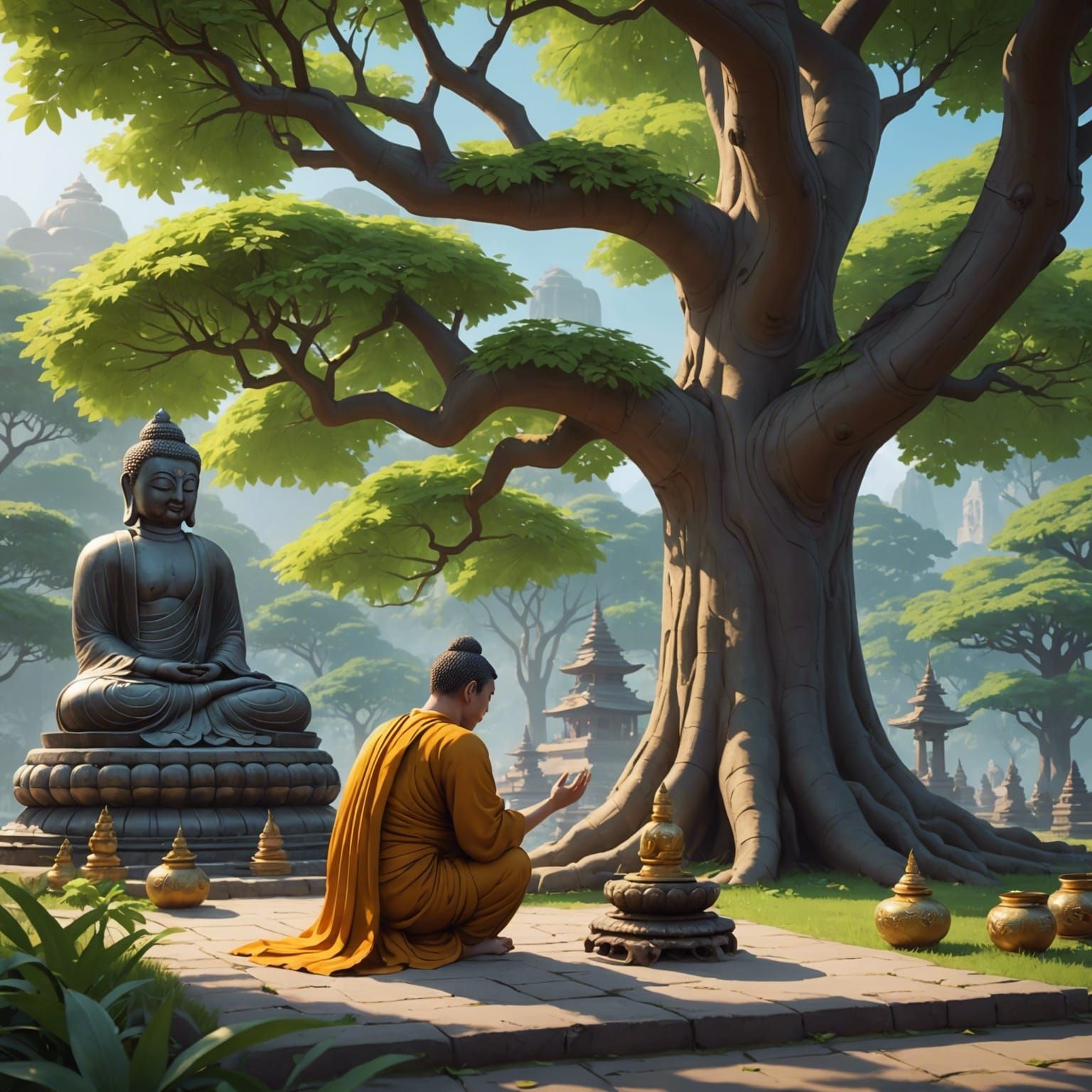 rich man bowing down to buddha under tree indian theme - AI Generated ...