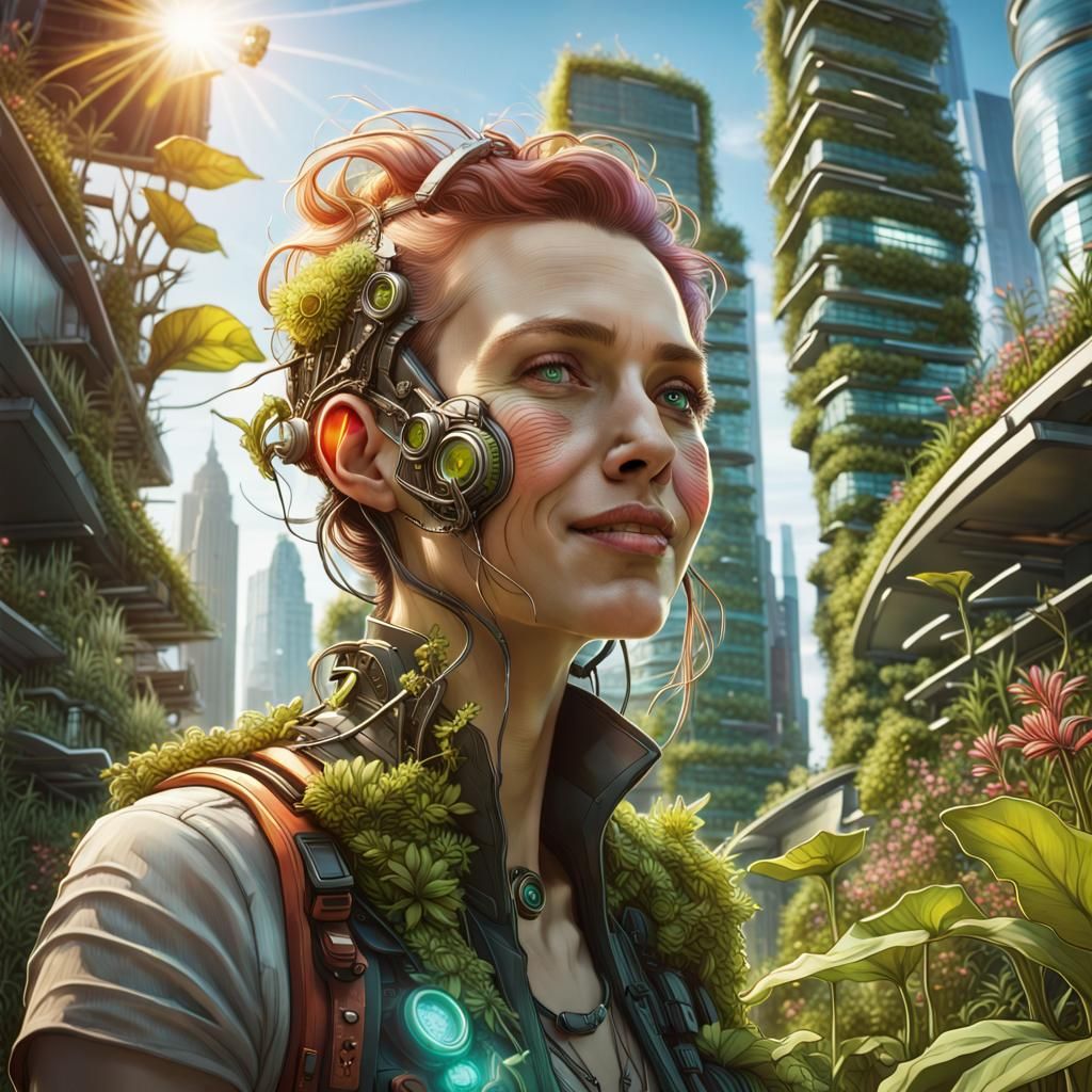 Close-up, botanist in a solarpunk world, face aglow with optimism ...