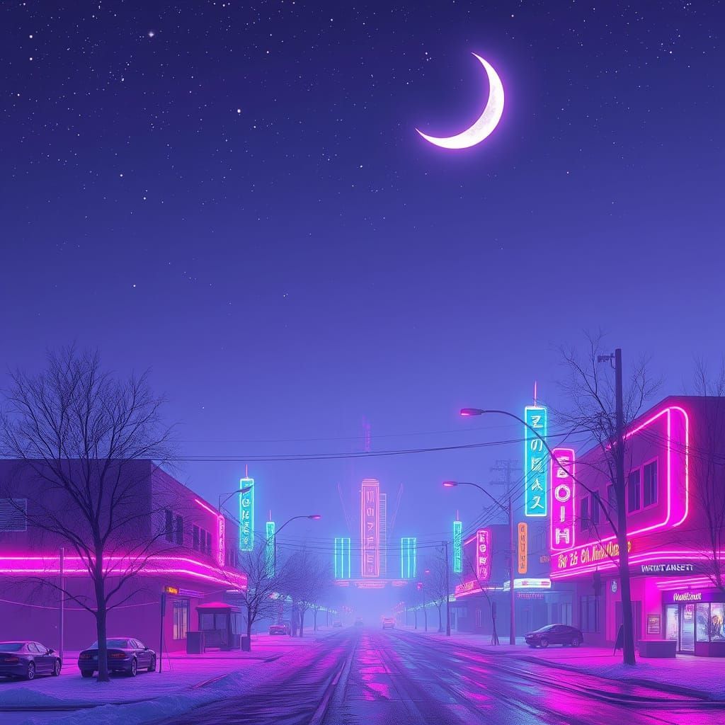 Purple Synthwave night scene with crescent moon
