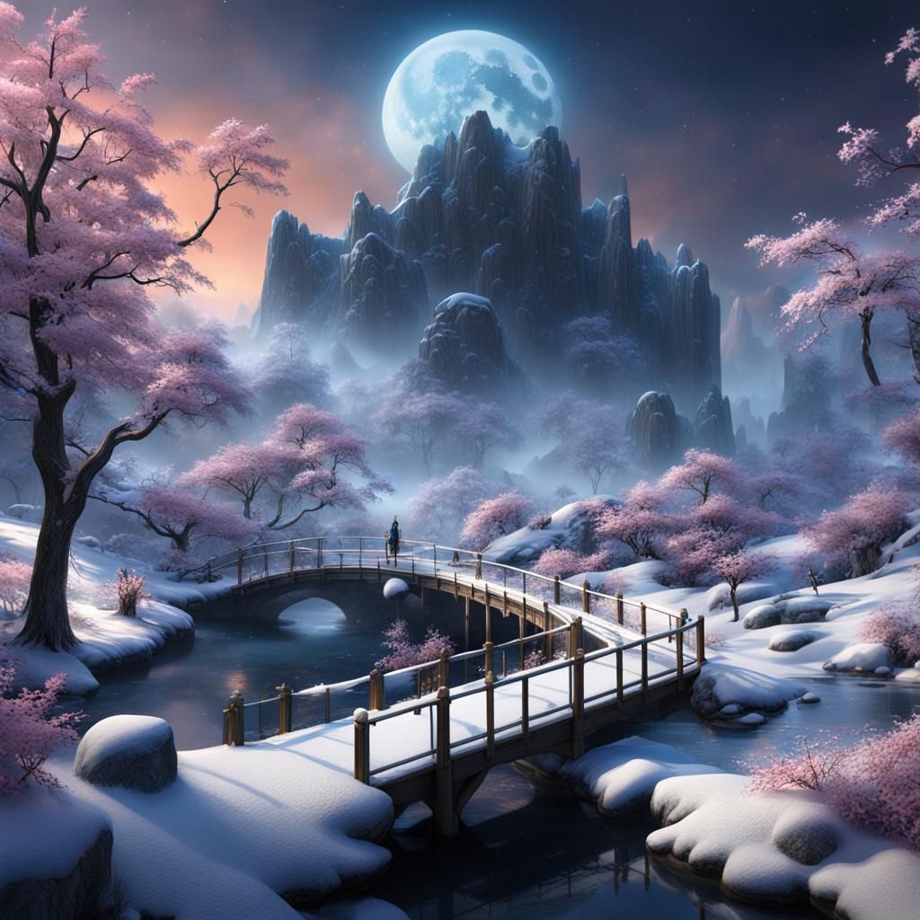 hyperrealalistic snow moon flowers & rock gardens with bridges & moving ...