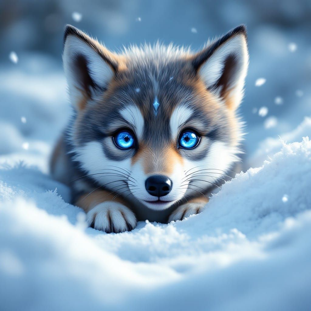 Wolf Cub - Whimsical Wolf Cub in Winter Wonderland