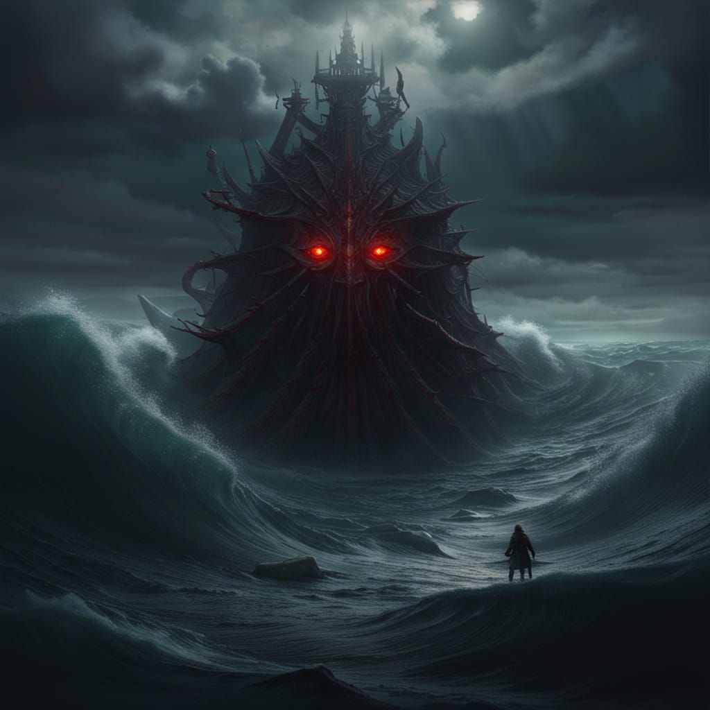 A giant stood in the vast sea, with red eyes shining. It was cloudy and ...