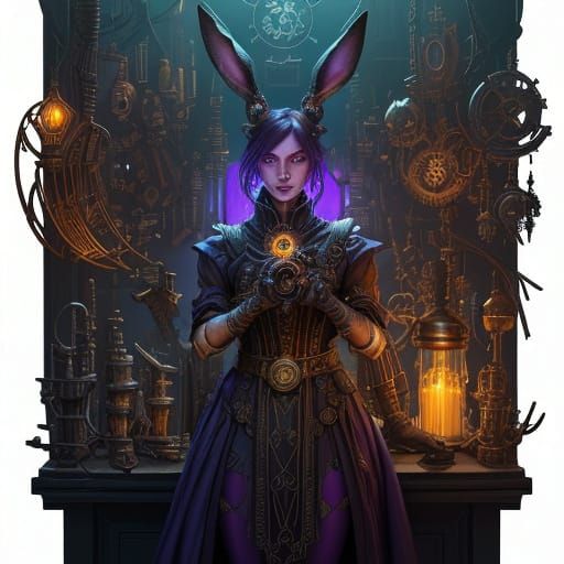 Cyberpunk Fantasy Mechanic Tinkers with Glowing Ne... - AI Art