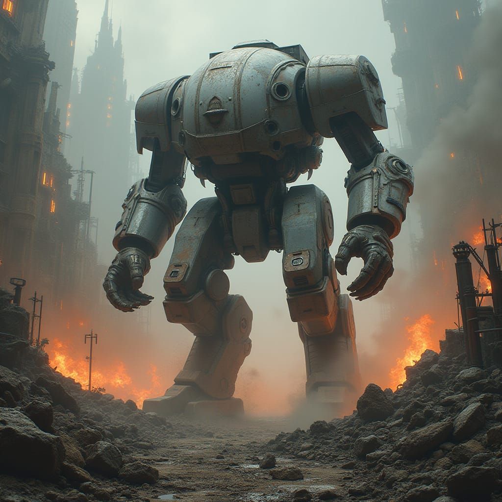 Cyberpunk Mech Devastates Dystopian Metropolis - AI Art