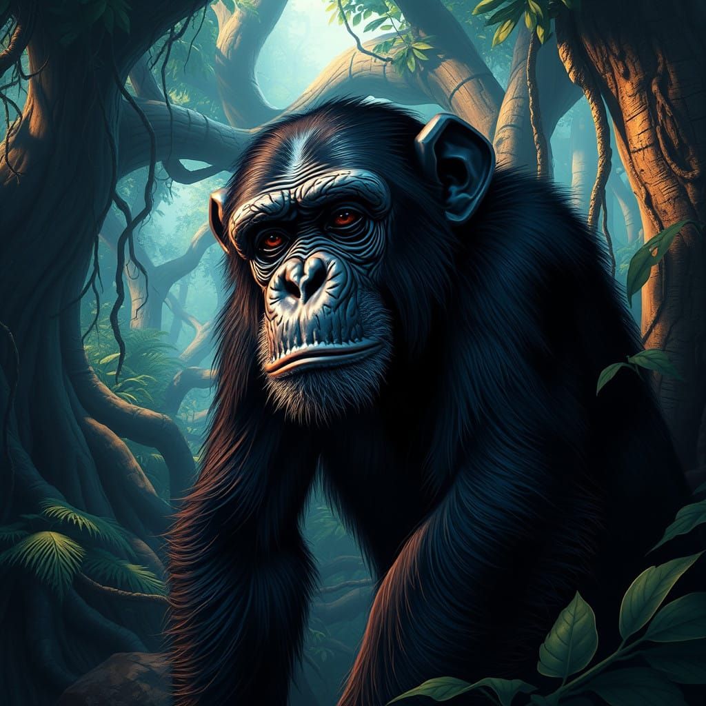 Contemplative Chimpanzee in Jungle Maze, Fantasy C... - AI Art