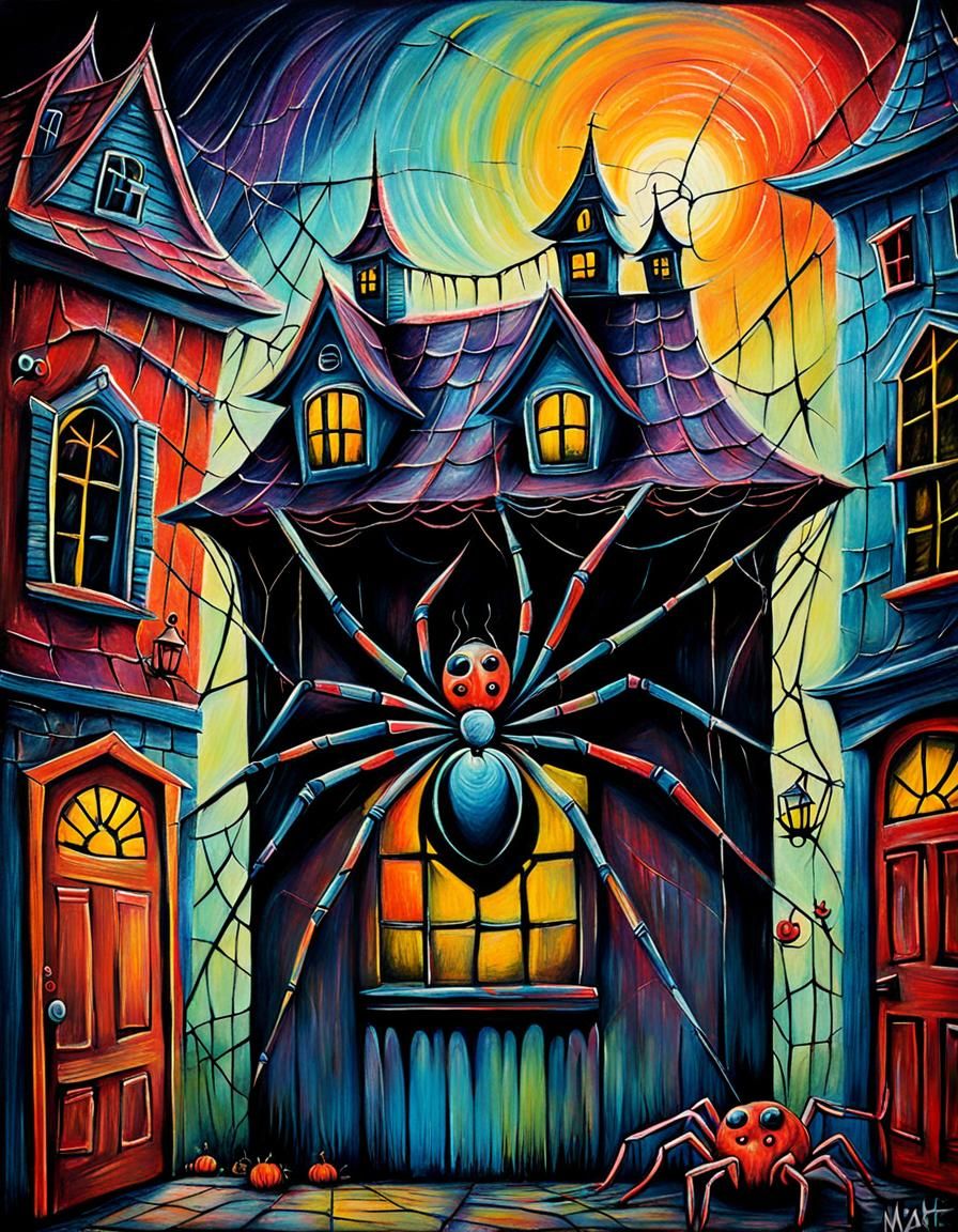 Spider, haunted house, chalk, Zenga, strange, whimsical, colorful ...