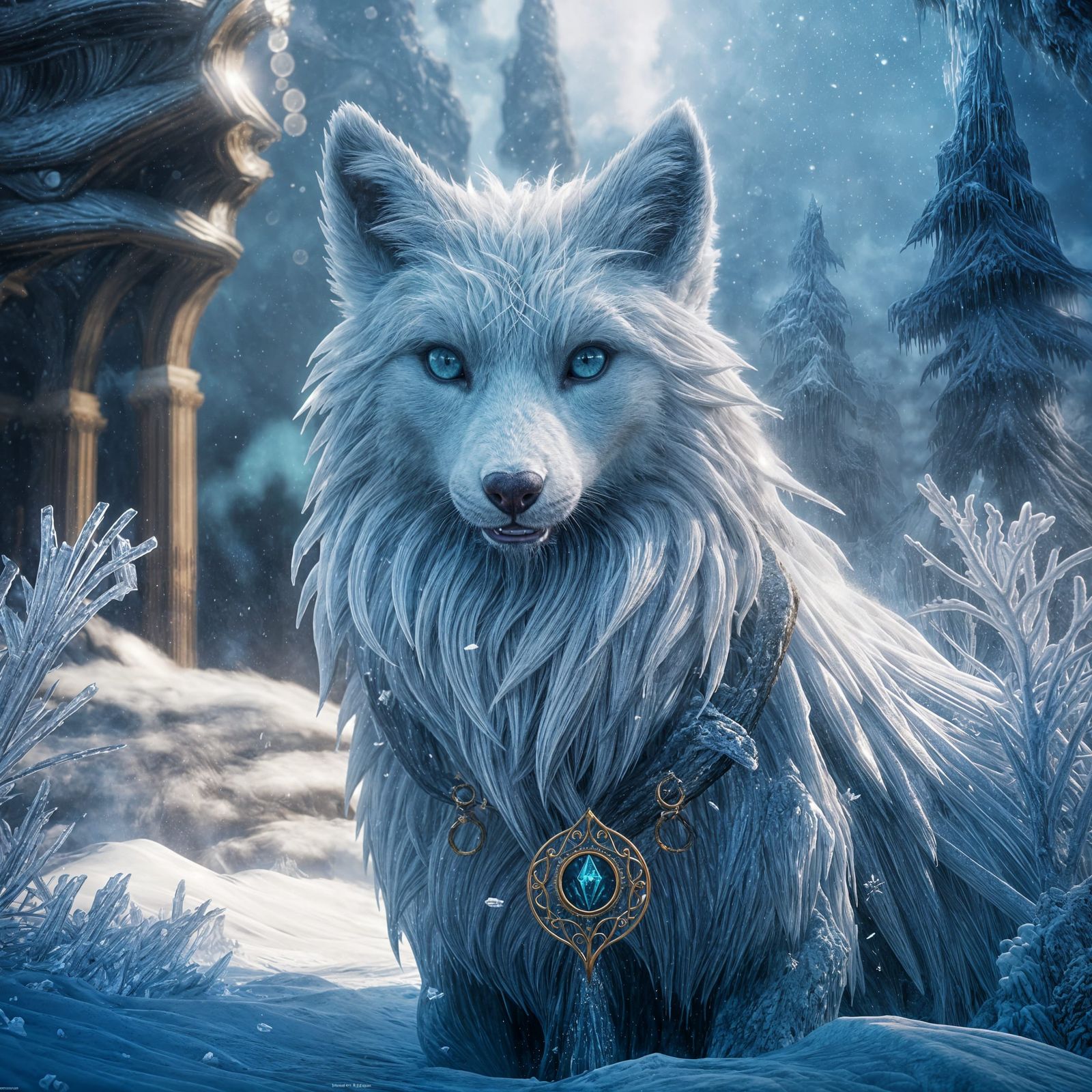 Icy Wolf - Mystical Fox Amidst Frozen Ruins in Ethereal, Dre...