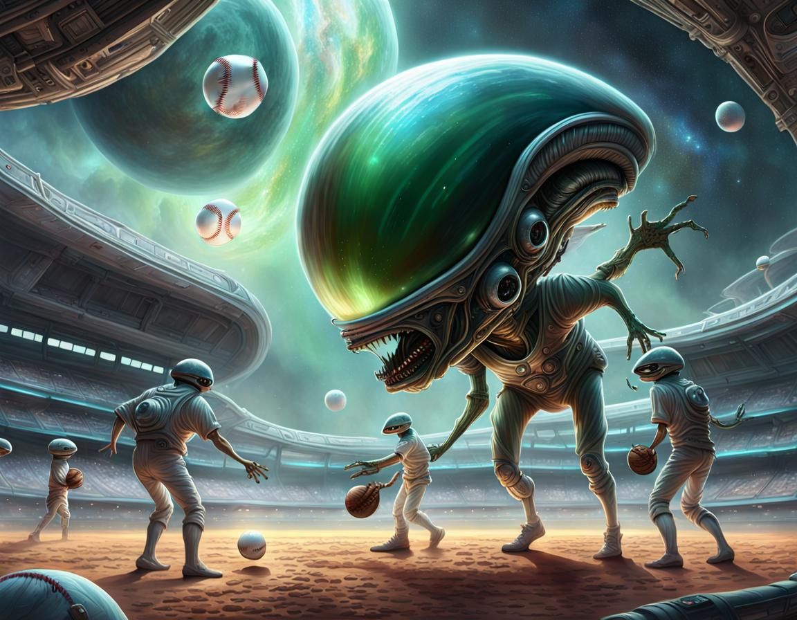 alien baseball with aliens playing baseball, in the style of kerem ...