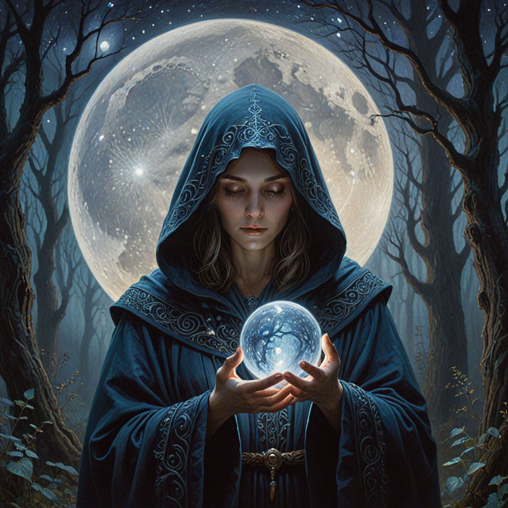 Mystical Oracle Under Starry Night Skies in Symbol... - AI Art