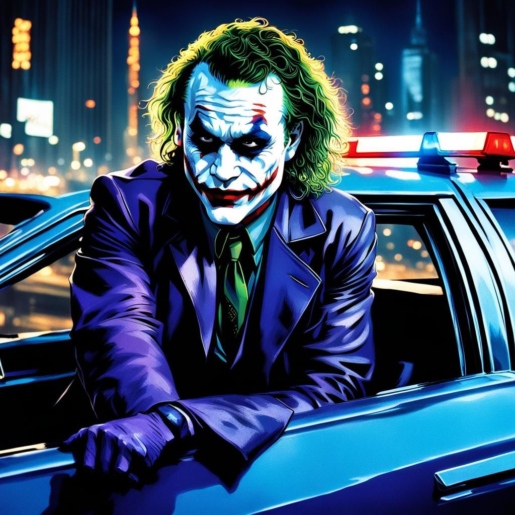 Heath Ledger's Joker hangs out of a police car window. - AI Generated ...