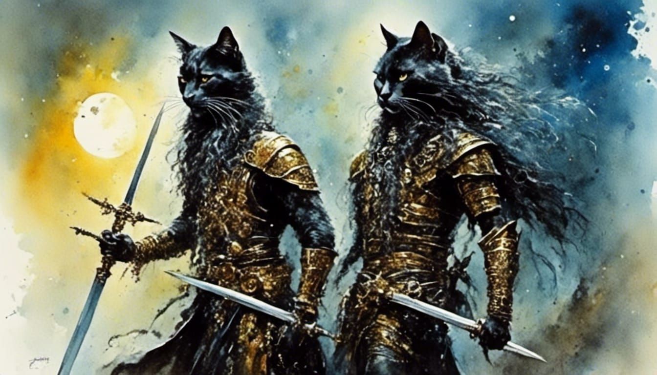 "Anthropomorphic cat warrior travelling cross-dimensionally beside ...