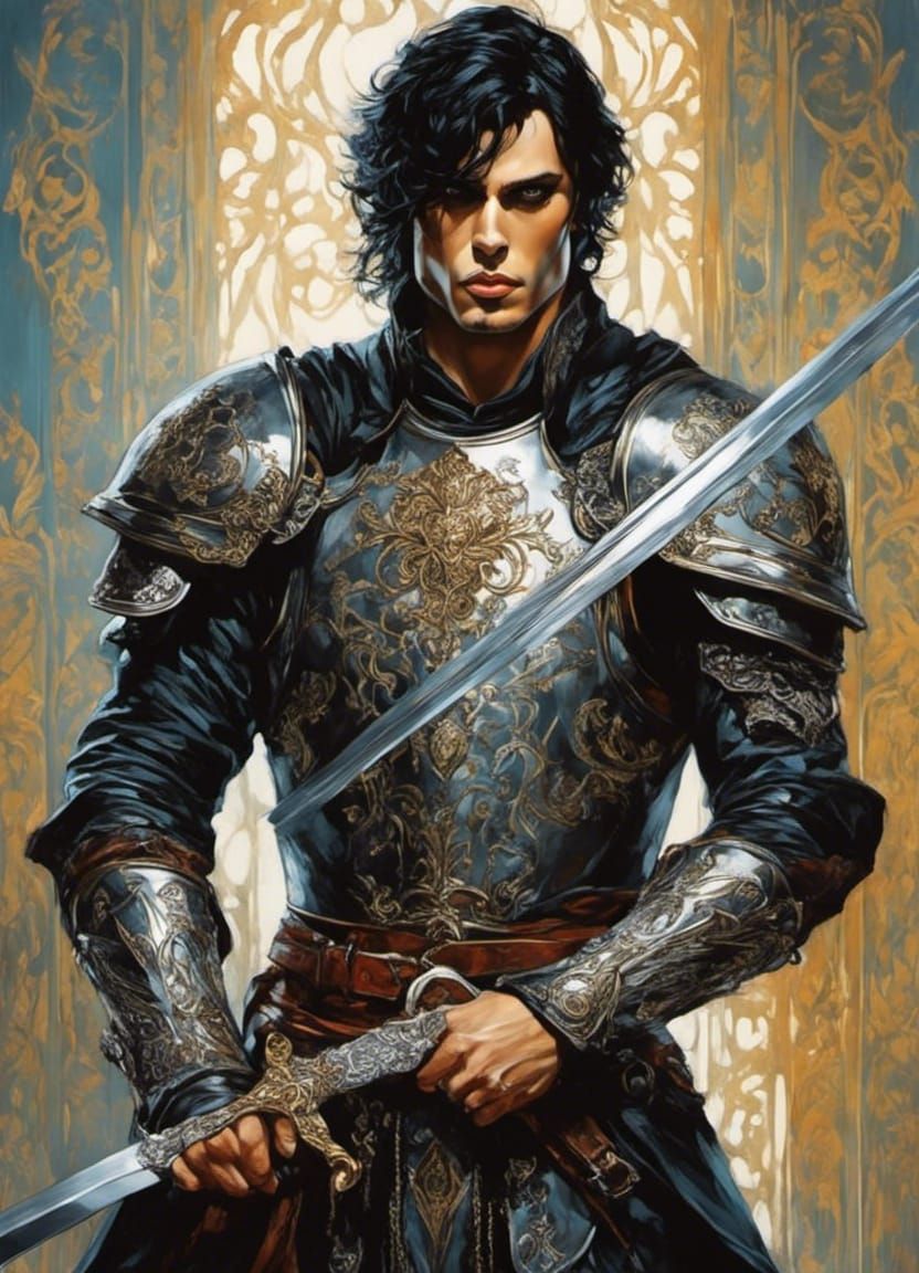 portrait of in a suit of medieval armour holding a large broadsword ...