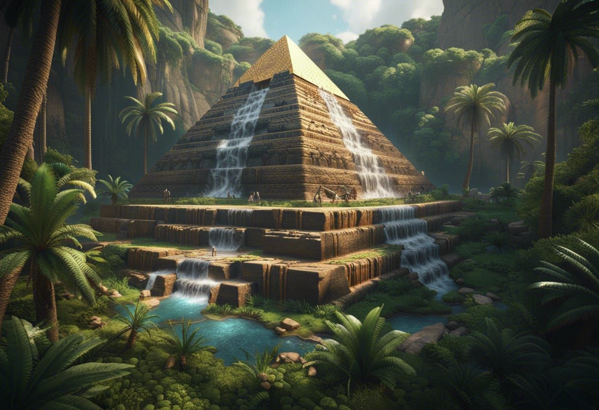 Giza pyramid with waterfall on the sides, jungle style, detailed matte ...