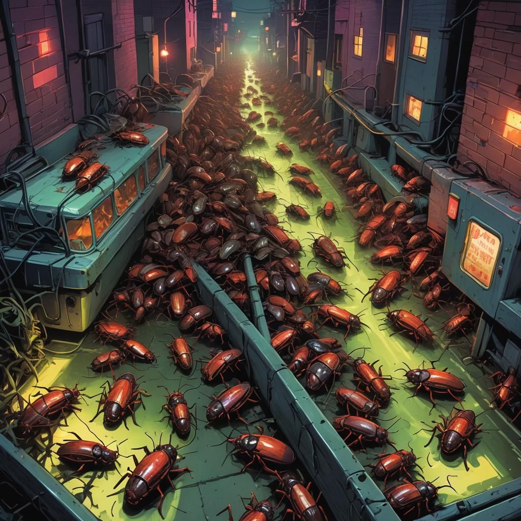 Glowing neon horror, army of zombie cockroaches overrun the sewer - AI ...