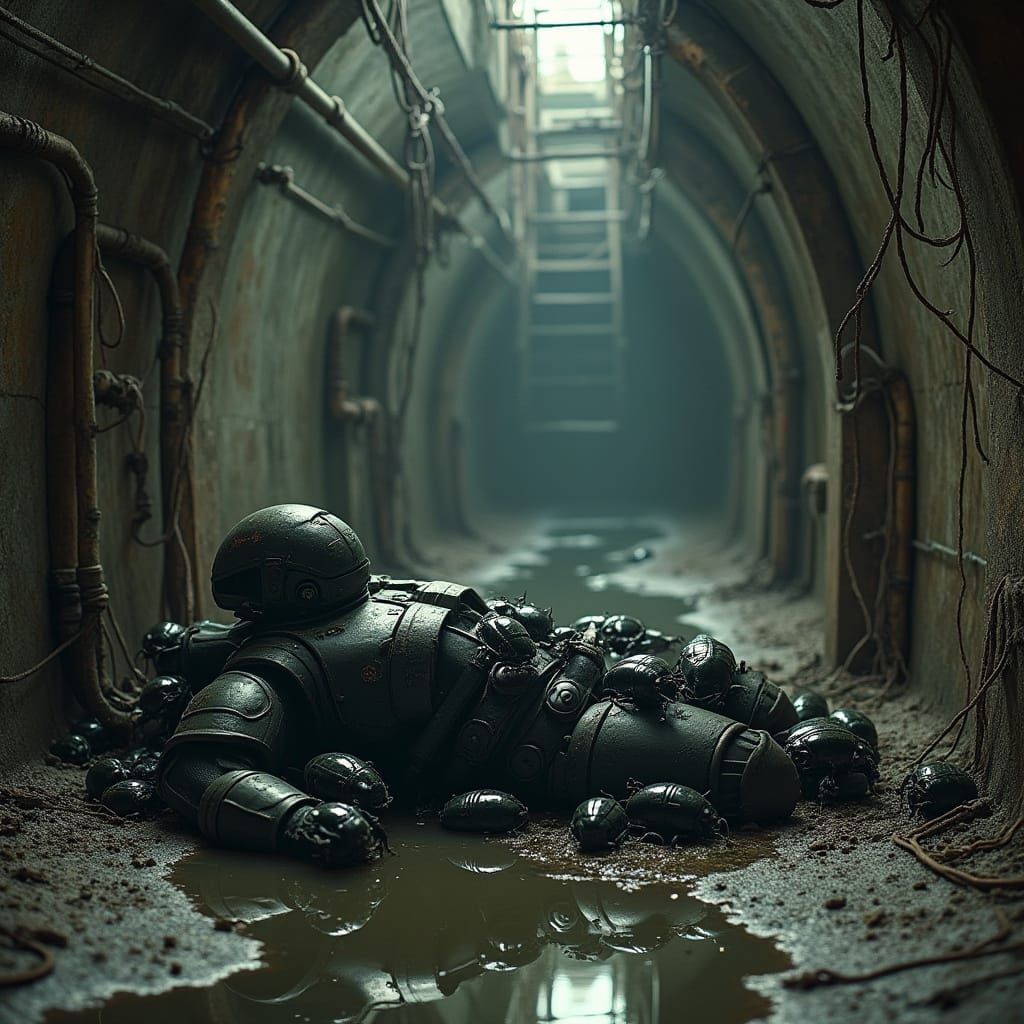 Abandoned Combat Armor in a Grimy Sewer Tunnel - AI Art