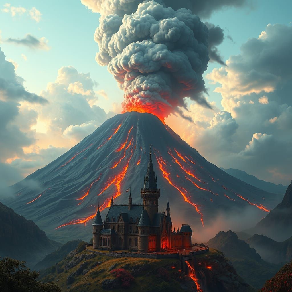 Volcano Castle - Epic Fantasy Castle Amidst a Roaring Volcan...