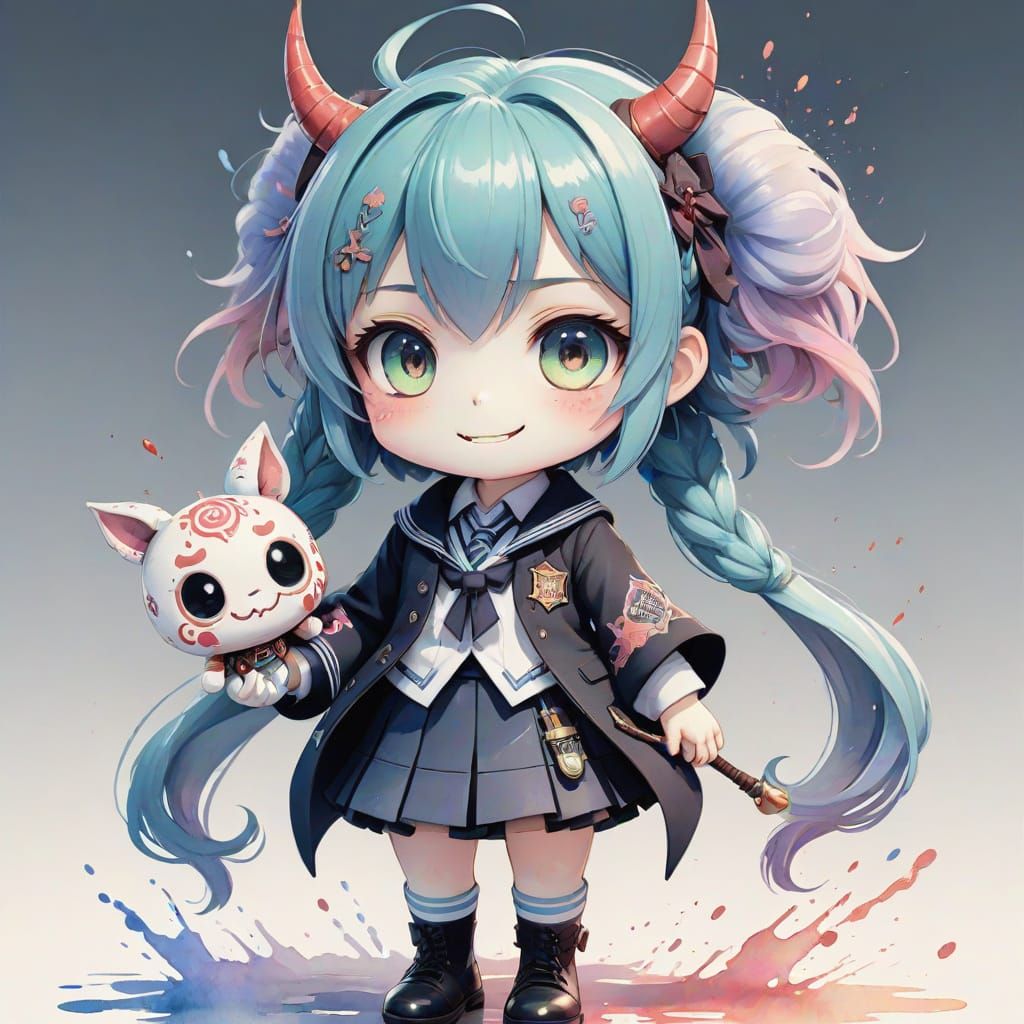 A chibi demon girl with a creepy grin, holding a cursed toy, rendered ...
