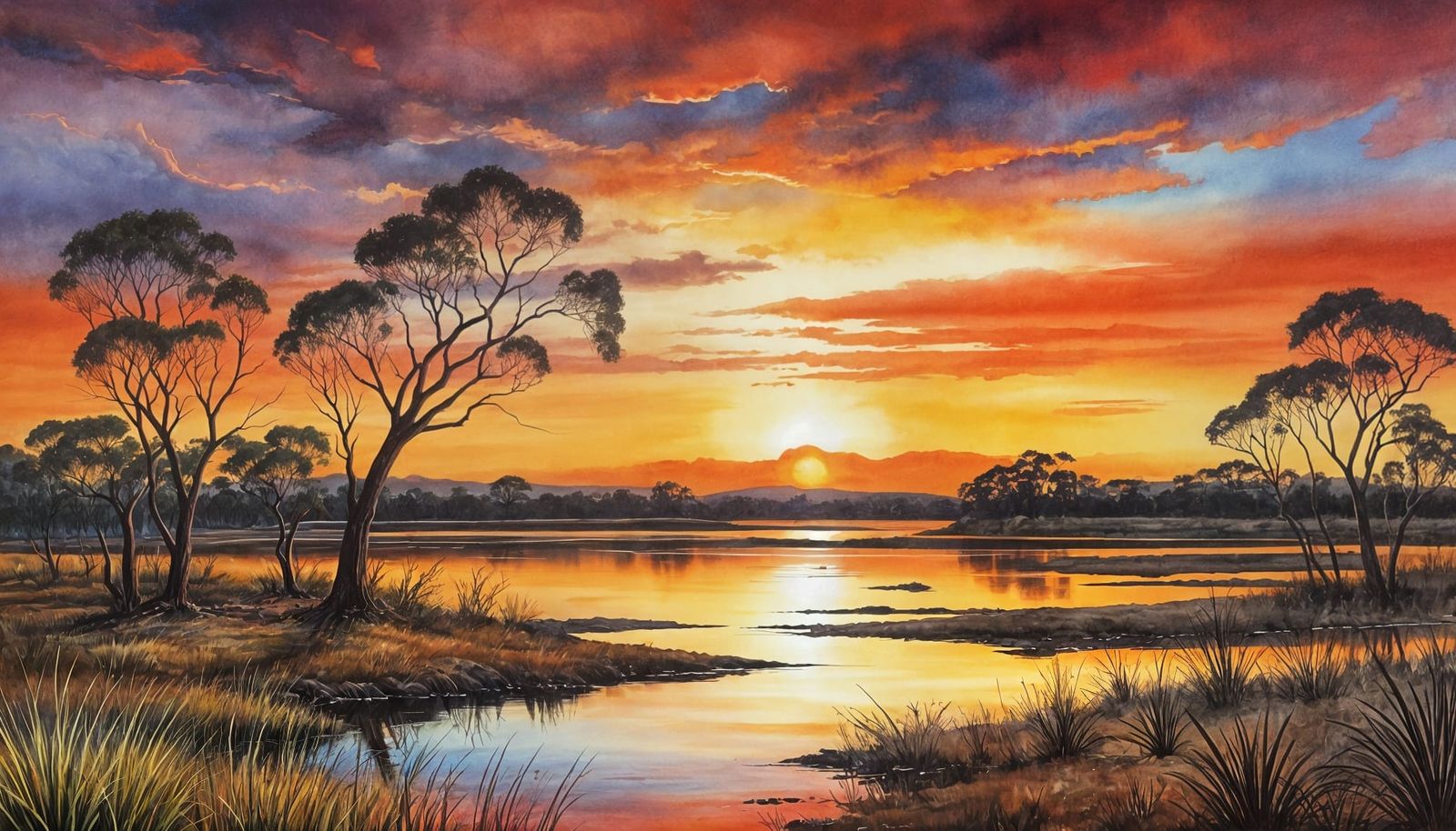 Outback Sunset - Vibrant Australian Sunset in Abstract Water...