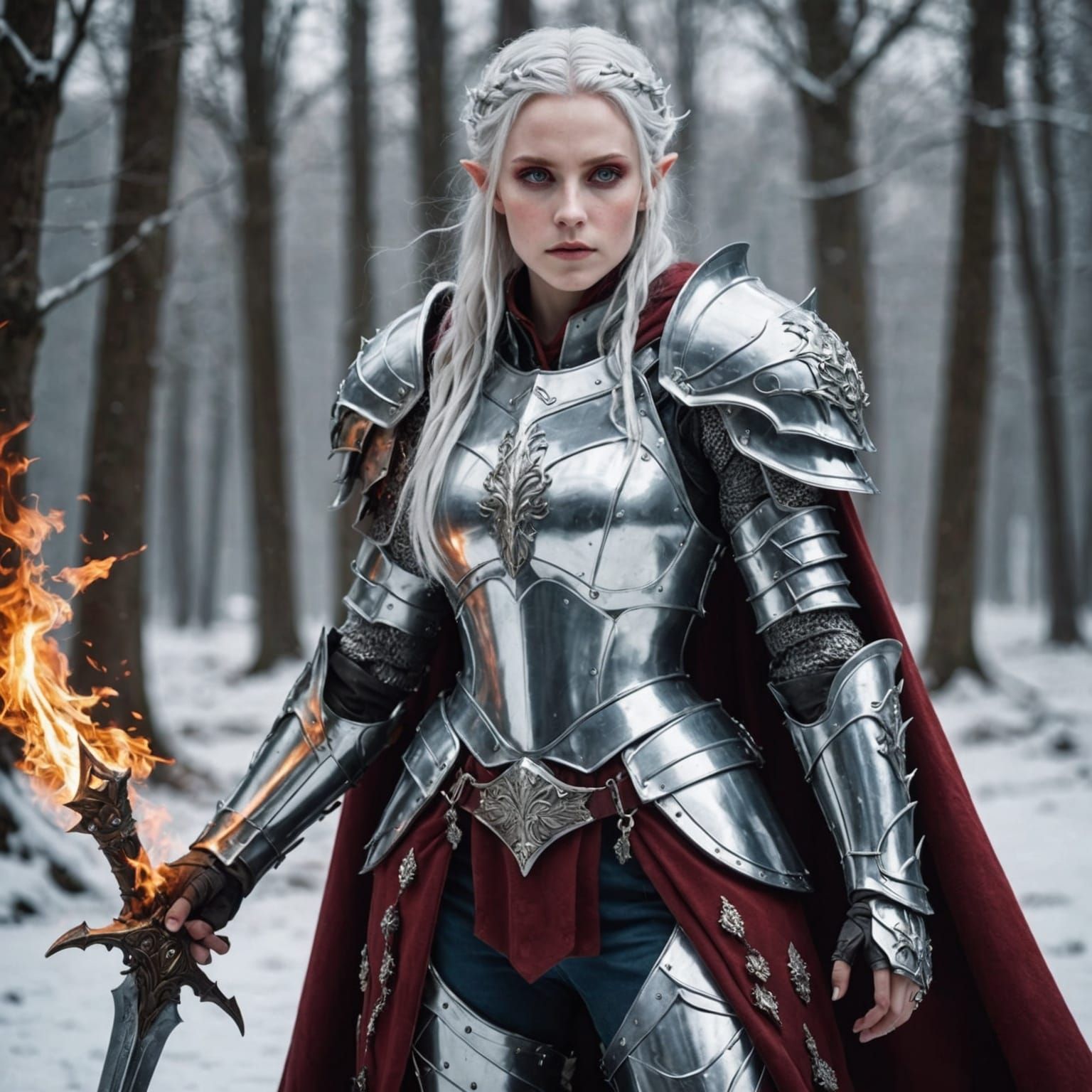 Centered Female elf Knight of Ice and Fire in full silver armour, deathly pale skin, long deep ...
