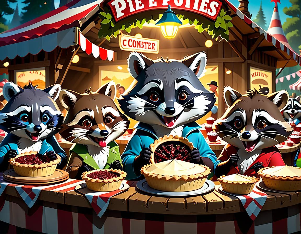 Raccoons pie eating contest. - AI Generated Artwork - NightCafe Creator