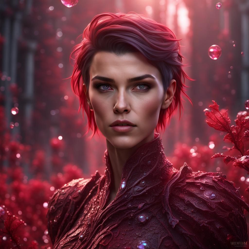 ruby rose, crystalline, delicate, detailed, glistening dew, masterpiece ...