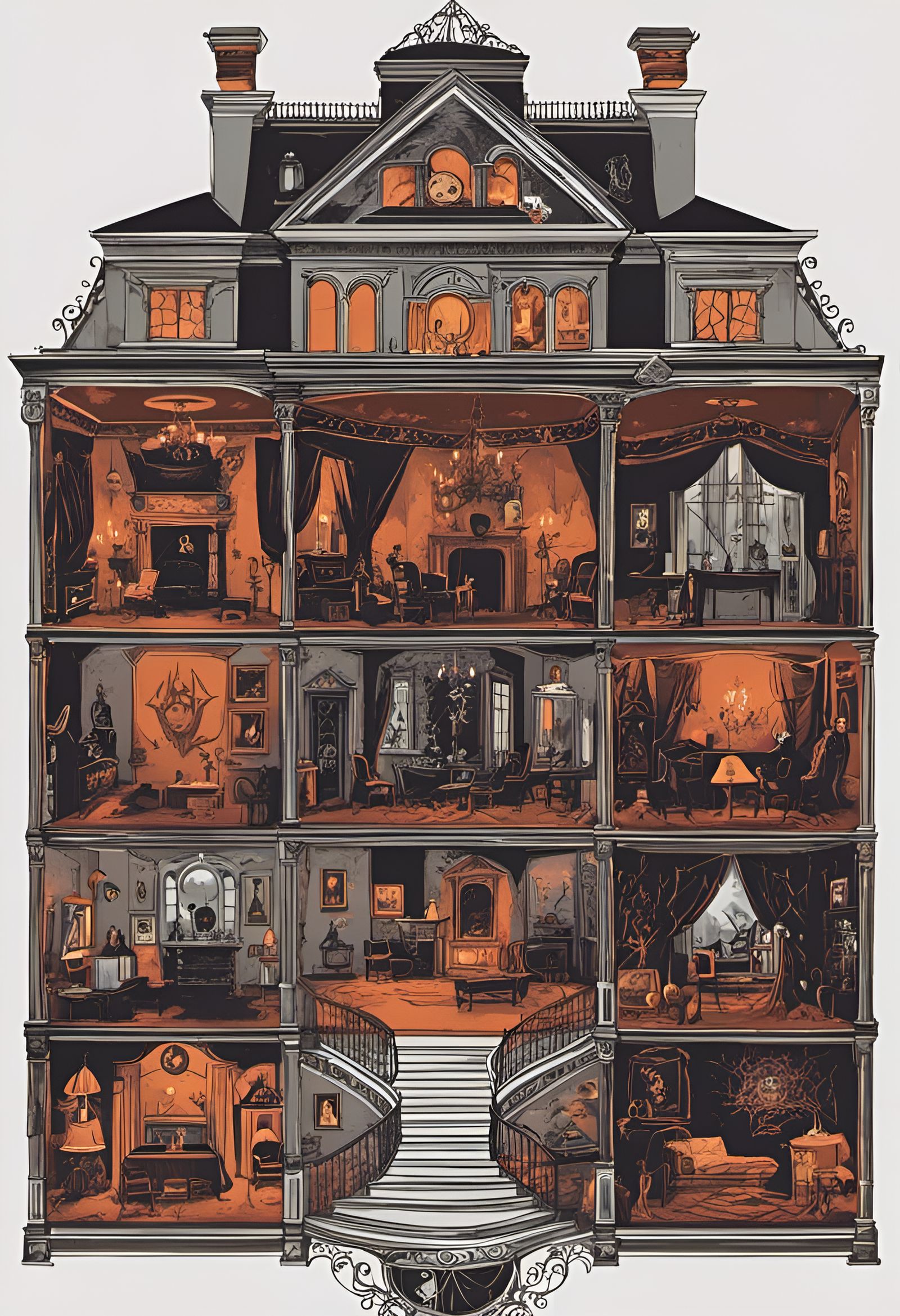 spooky haunted mansion layout, floorplan with ghosts, occult symbols ...