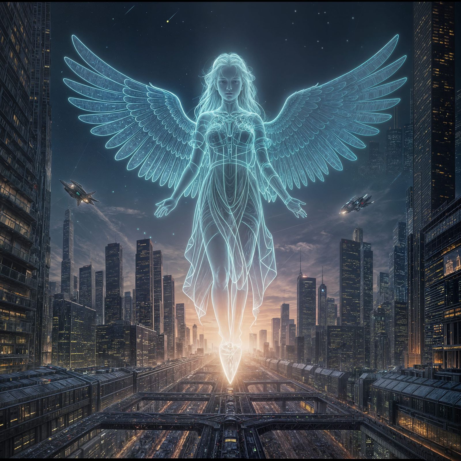 Hologram Angel - Holographic Goddess Over Futuristic Metrop...