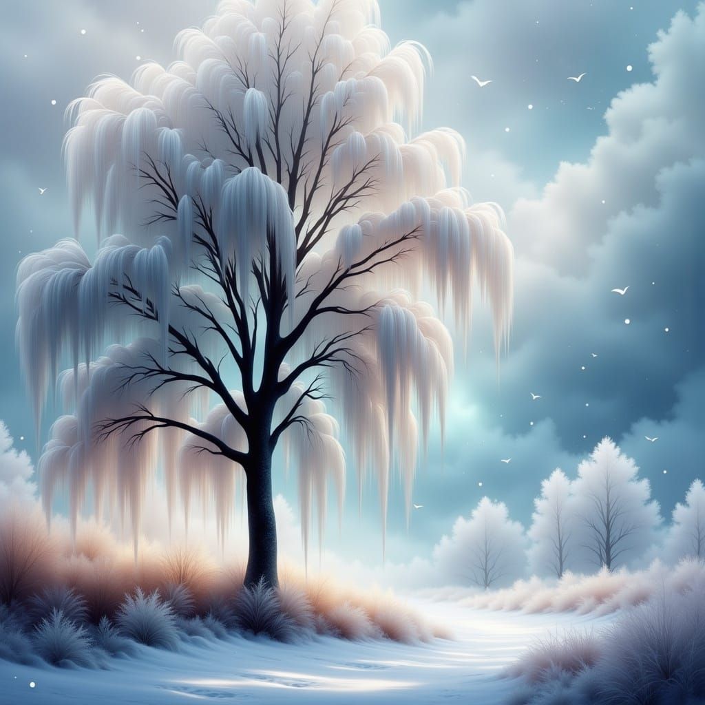Misty Winter Morning, and a Snow Covered Weeping Willow Tree