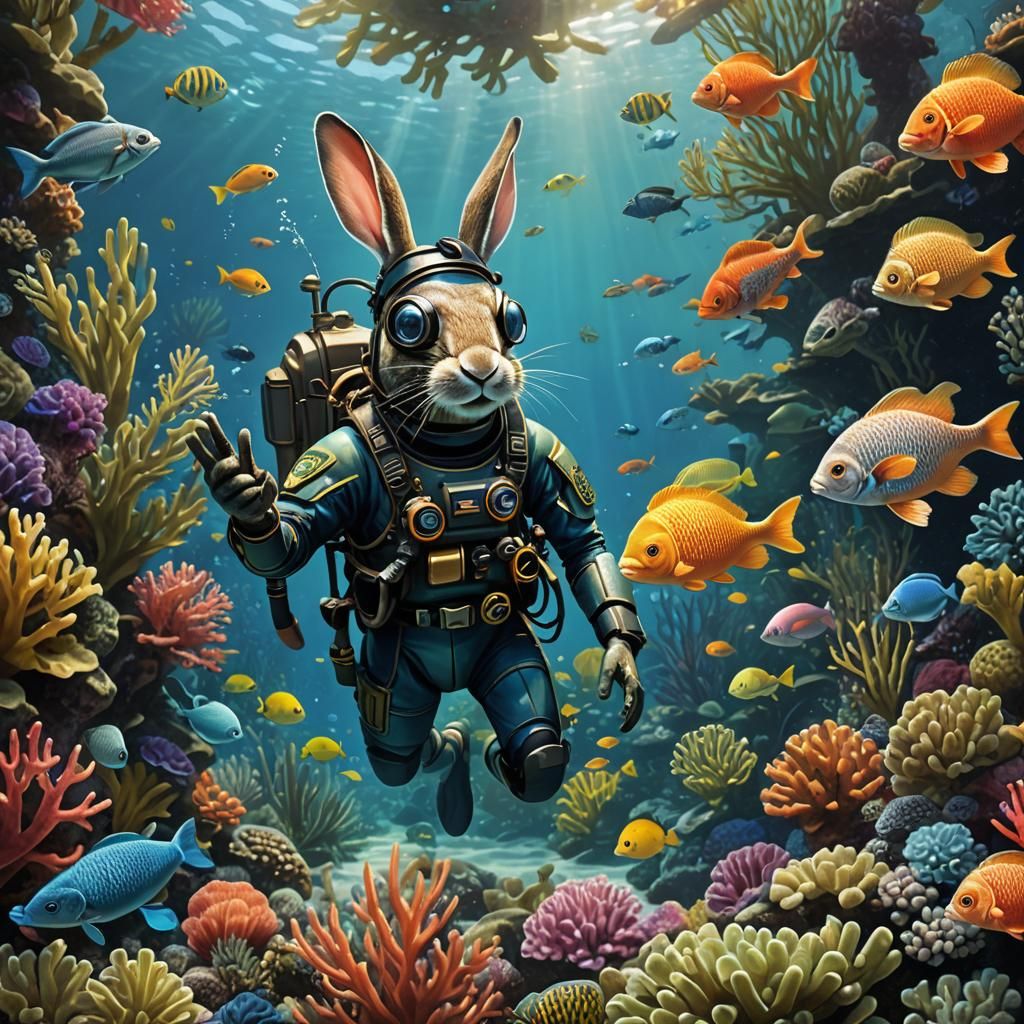 A rabbit diver embarks on an underwater adventure. The rabbit wears a ...