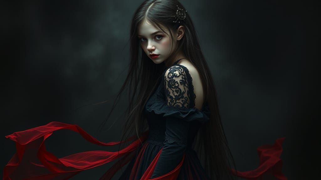 Ethereal Gothic Siren in Rich Black and Crimson - AI Art