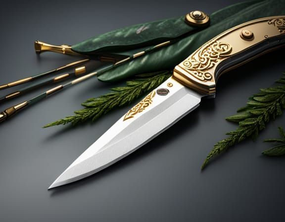 foldable knife with green metallic Blade. The handle Is White and has a ...