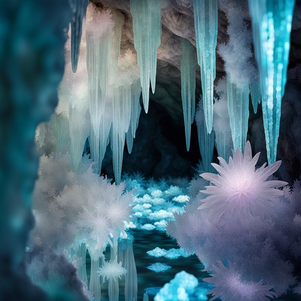 soft bokeh mystery interior of a clear transparent crystalline cave ...