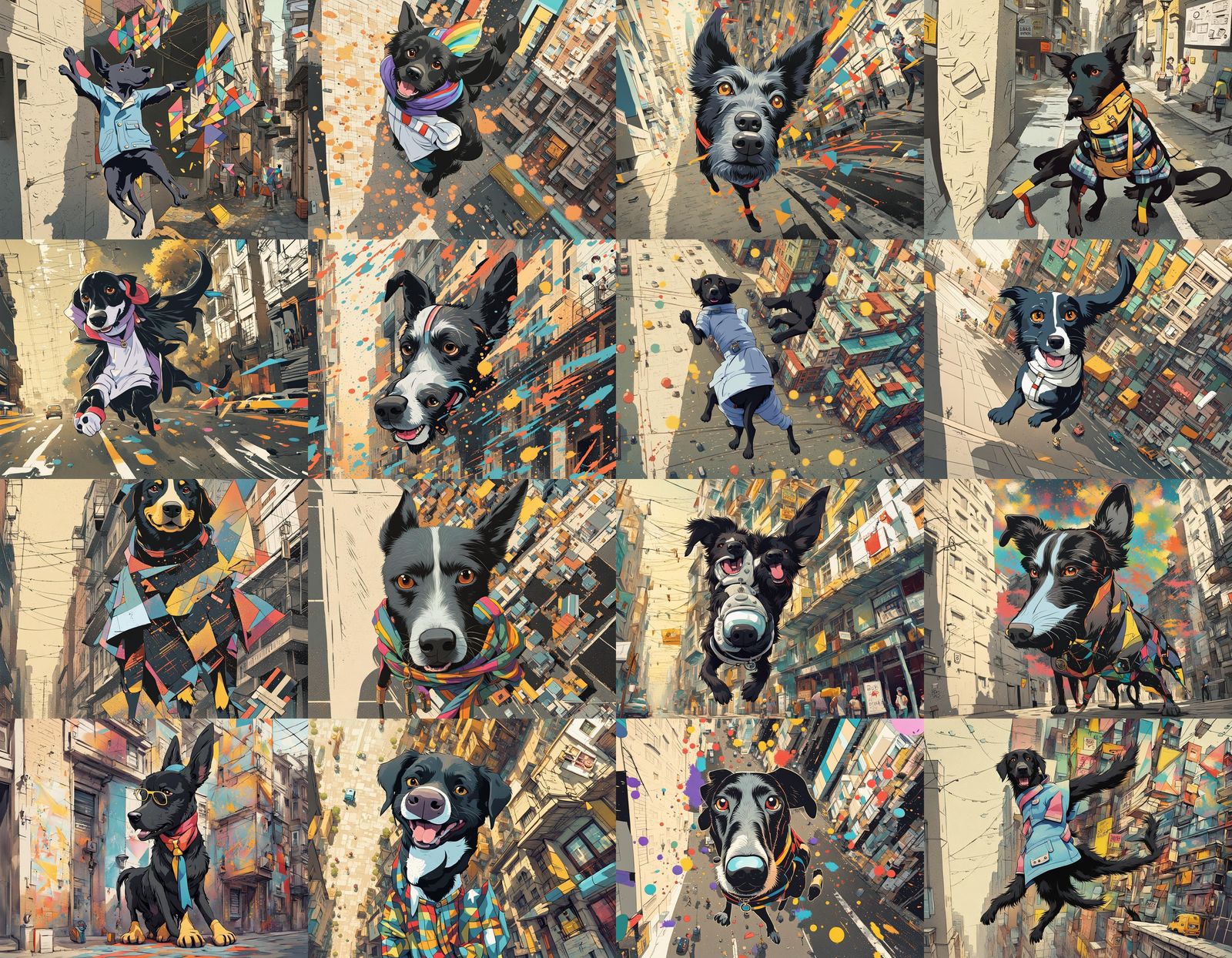 a black dog wearing clothes having fun in the streets causing mischief ...