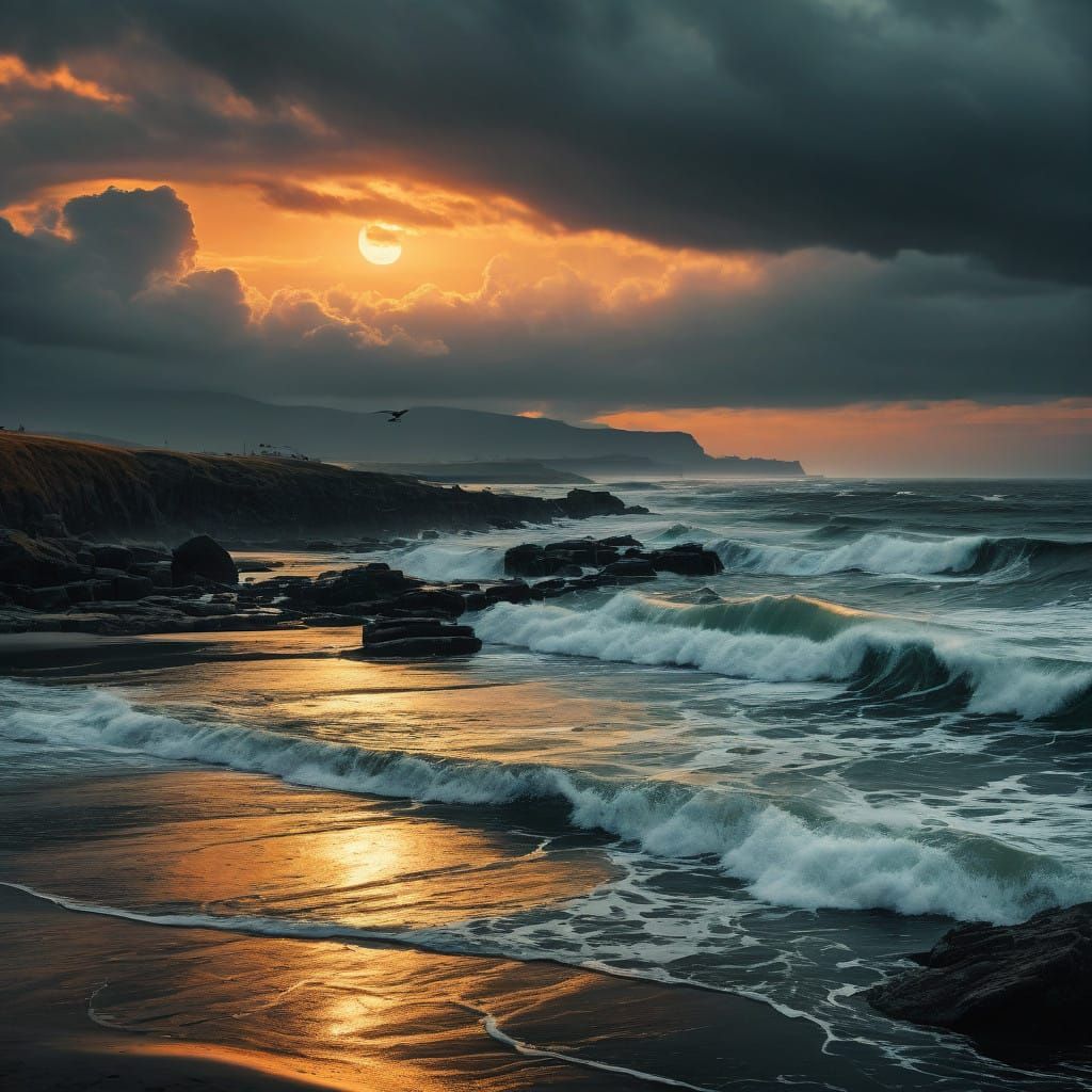 Surreal Sunset Beachscape with Hyper-Realistic Wav... - AI Art