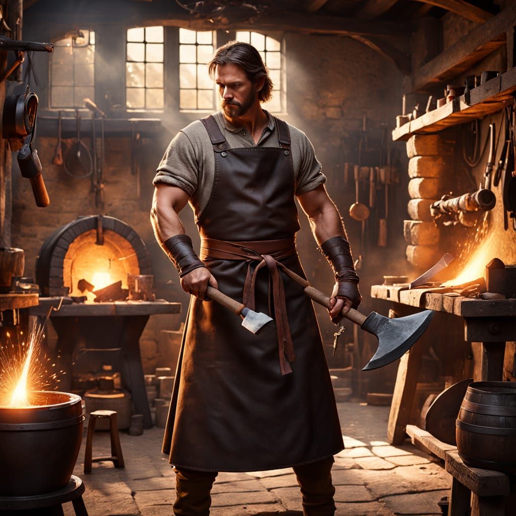 Medieval Blacksmith Crafts Axe in Vibrant Forge Sc... - AI Art