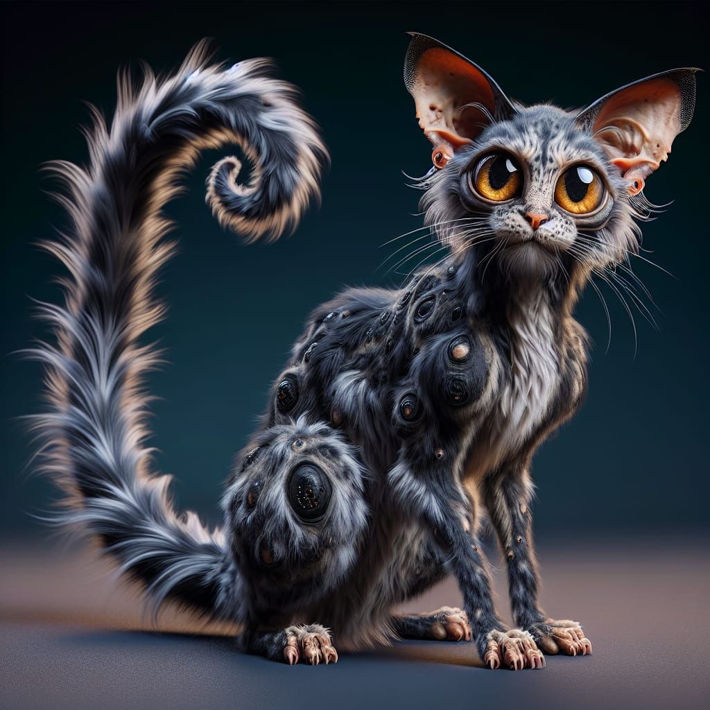 a graceful feral alien cat with enormous amber eyes and scruffy untidy ...