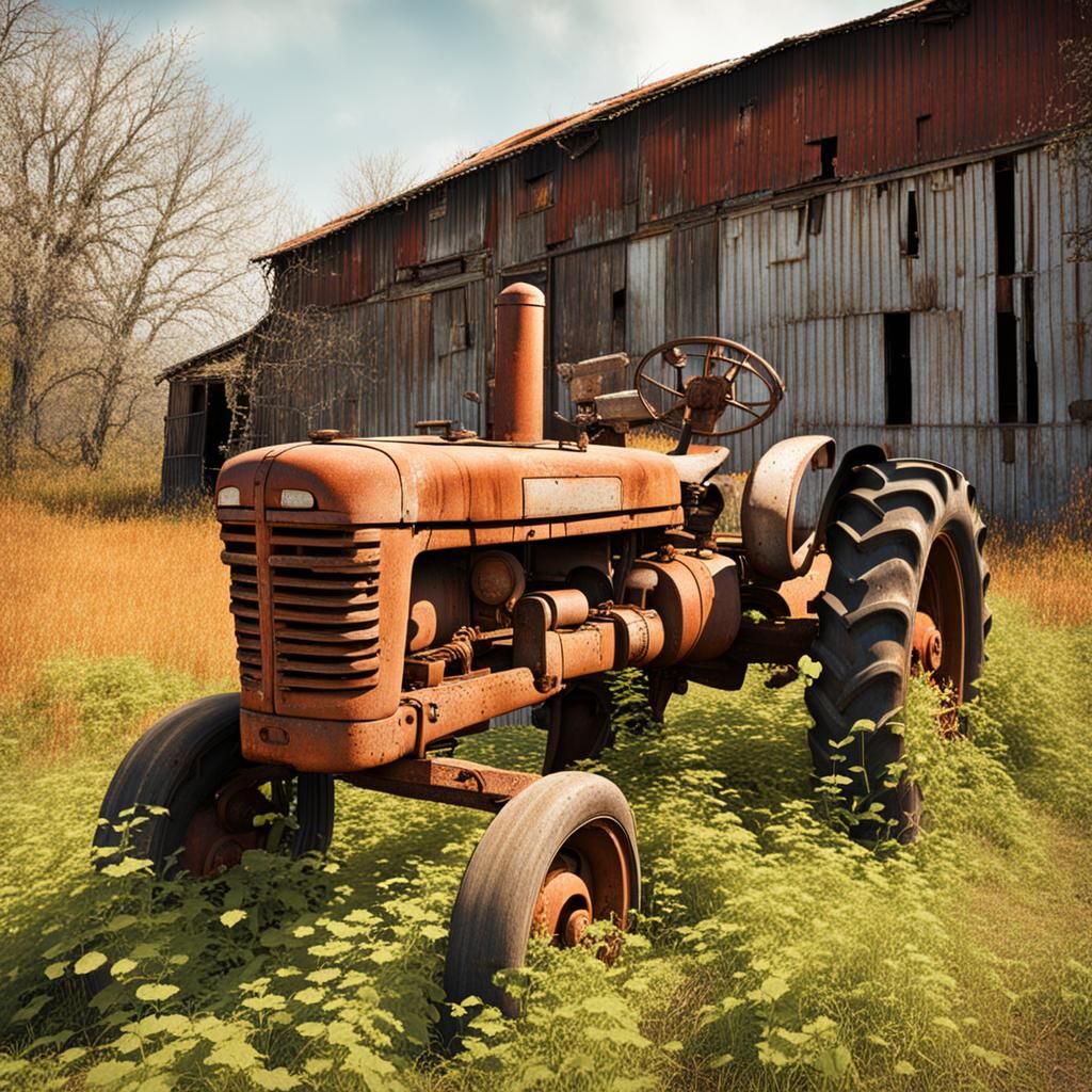 An abandoned farm with a rusty old tractor - AI Generated Artwork ...
