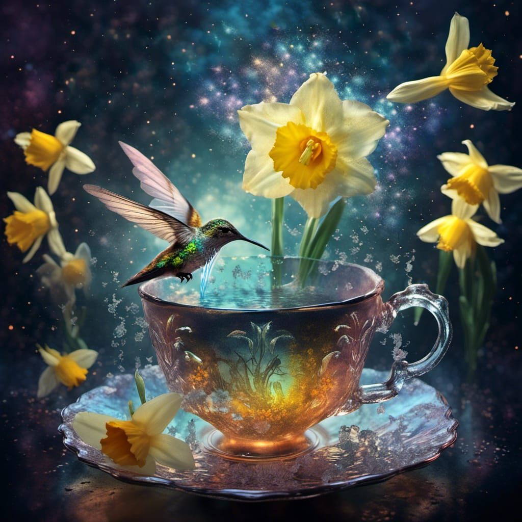Translucent cup of hummingbird and daffodils, glow iridescent steam ...