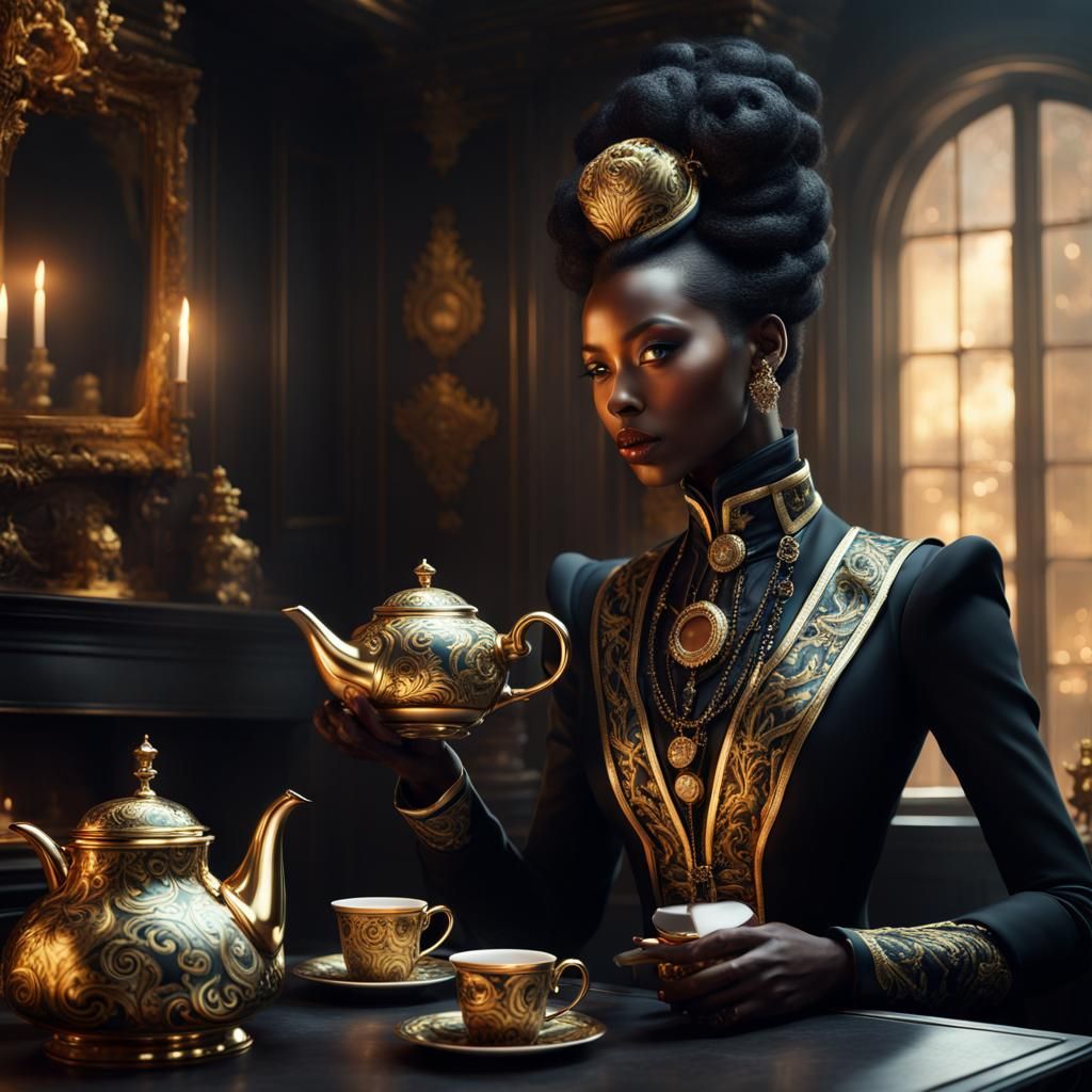 androgynous cybernetic android butler with black porcelain skin with ...