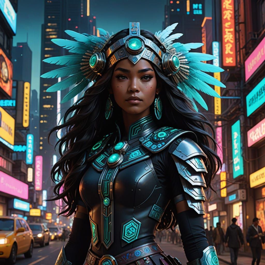 Cyberpunk Goddess in Aztec-Inspired Uniform Amidst... - AI Art