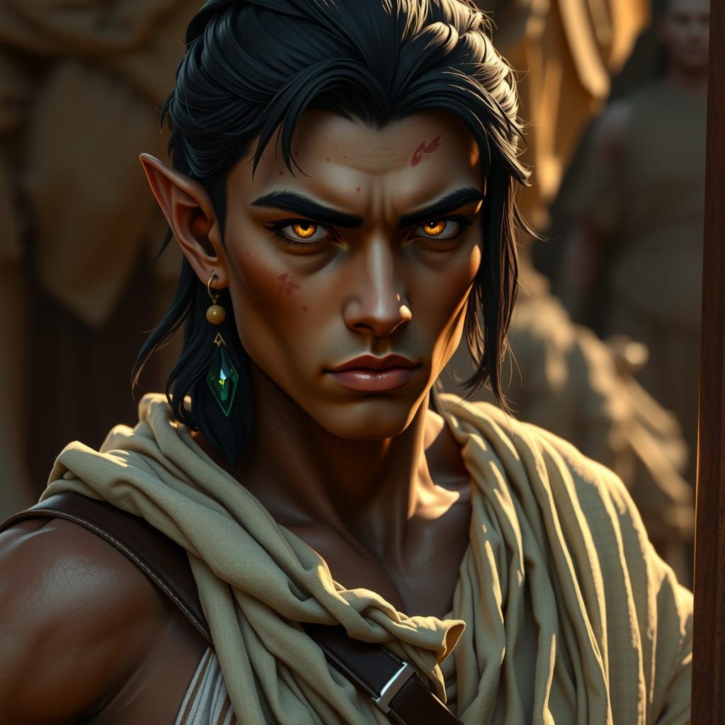 Powerful Dark-Skinned Elf in Greek Attire - AI Art
