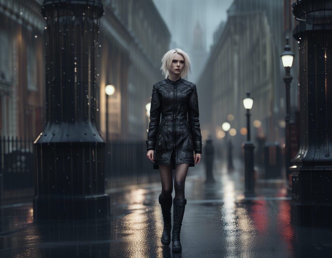 blonde petite British goth girl walking in London rain, hyperdetailed ...