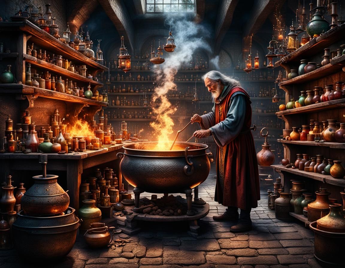 An image of a medieval alchemist working over a boiling cauldron. All ...