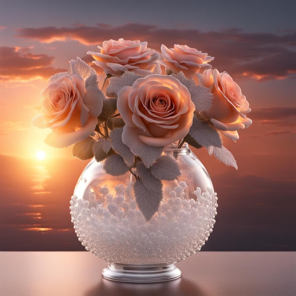 Sunset with frosted roses in a crystal vase - AI Generated Artwork ...