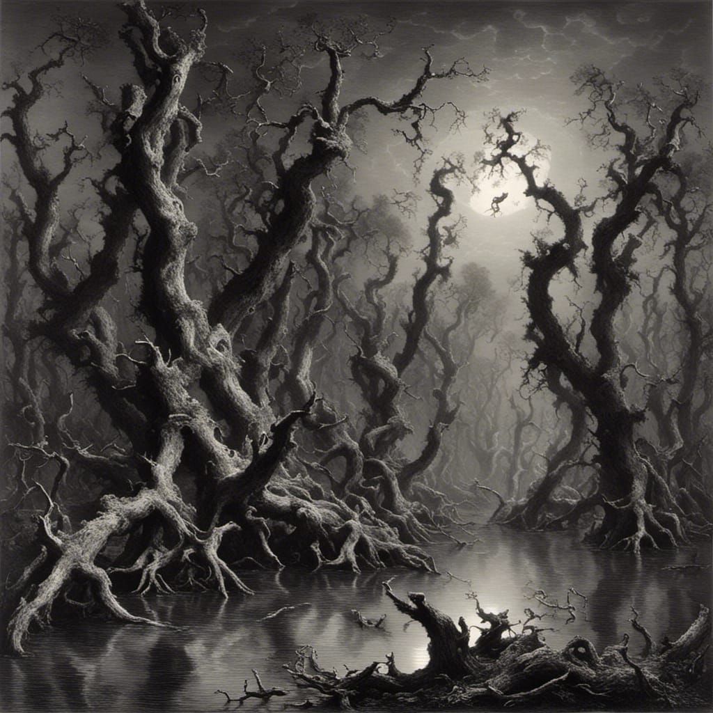 dead trees trunks in dancing, sinuous shapes in the bayou in the ...