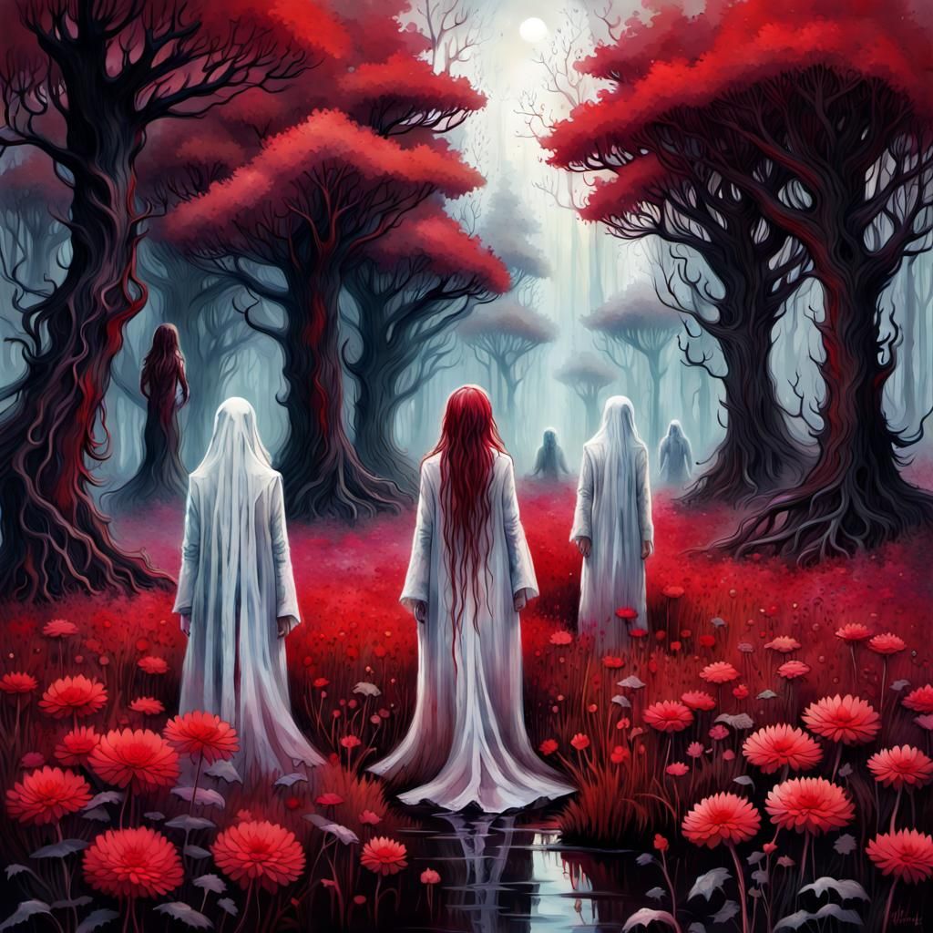 Ghostly, spectral people standing in a field of red flowers and ...