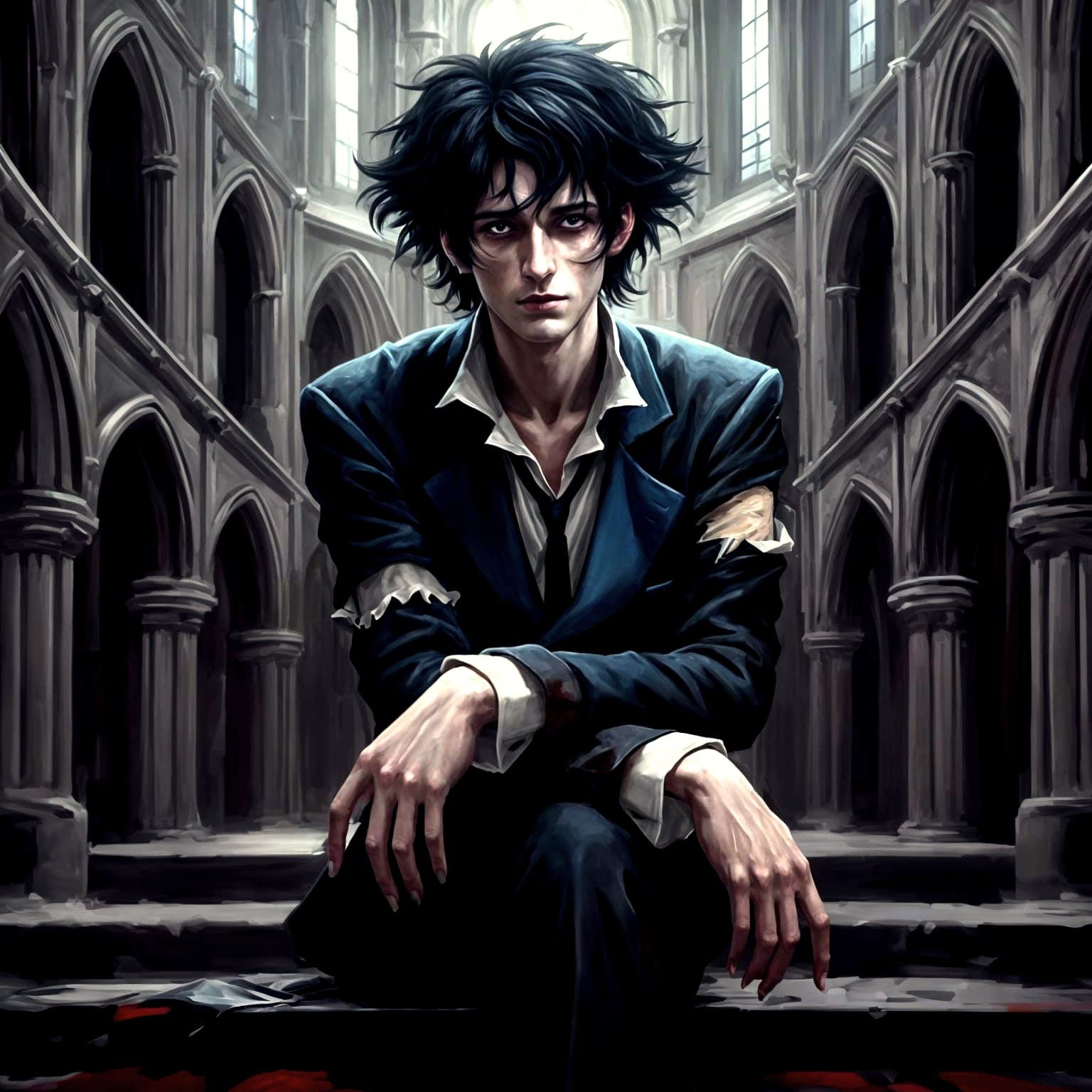 Sorrowful goth man, overwhelmed with grief